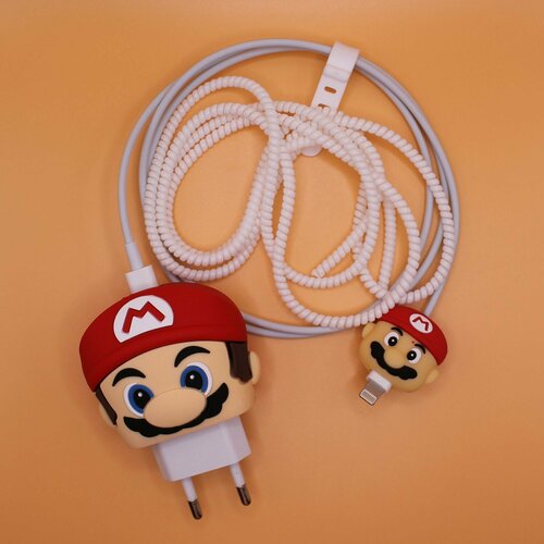 Комплект с обмоткой-спиралью для кабеля и защитный чехол для зарядки / защита кабеля от излома / Супер Марио Mario (белый матовый)