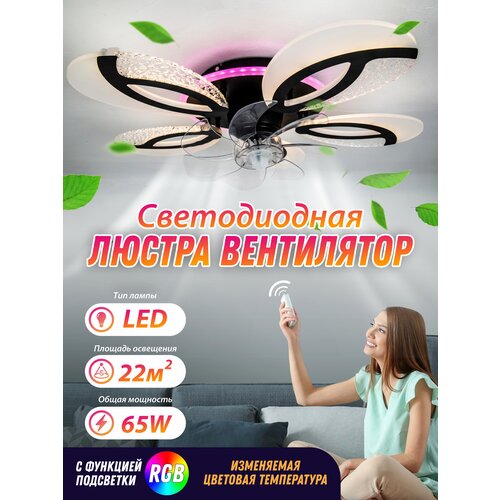 Светодиодная люстра - светильник, потолочный вентилятор с пультом управления для спальни, в прихожую, на кухню, кабинет или офис L9505-5 BK