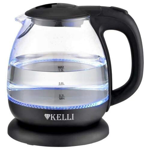 Электрочайник, чайник электрический Kelli, 1100Вт, 1л, стеклянный, подсветка, фильтр от накипи, черный