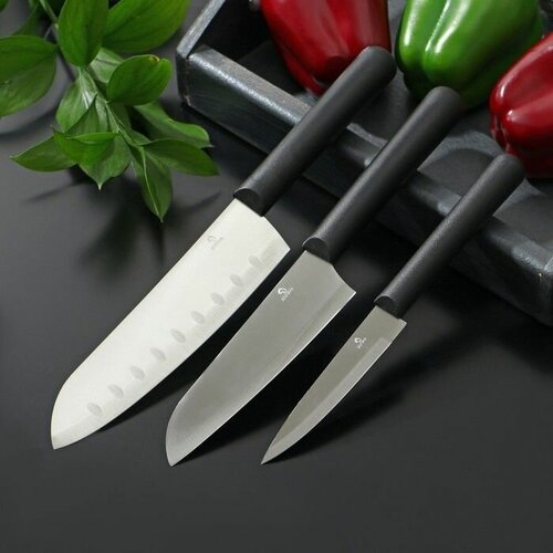 Ножи кухонные Fоlk, набор 3 шт, лезвие: 7,7 см, 12 см, 18,2 см, цвет черный