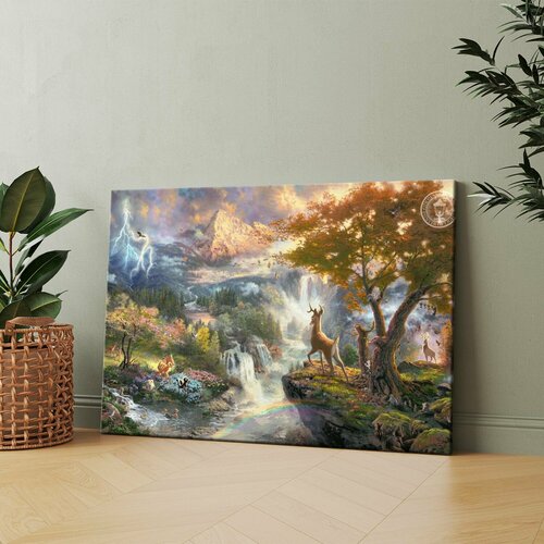 Картина на холсте (Картина водопада с оленями и радугой) 40x60 см. Интерьерная, на стену.