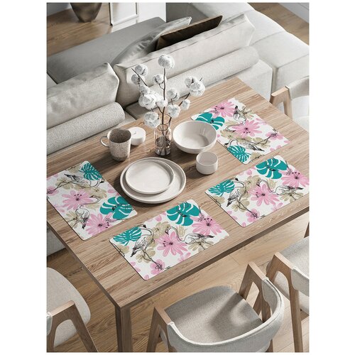 Комплект тканевых салфеток, плейсматов JoyArty с закругленными краями с рисунком "Фламинго в цветах" для сервировки стола 46x30 см, 4шт.