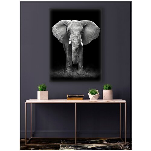 Картина для интерьера на натуральном хлопковом холсте "Слон на чёрном фоне", 30*40см, холст на подрамнике, картина в подарок для дома