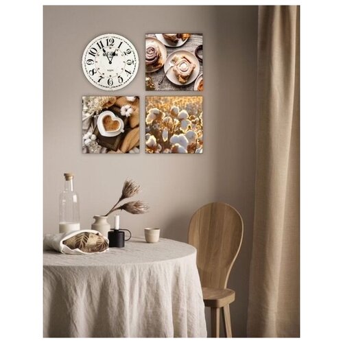 Комплект картин на дереве для кухни с часами "Кофе и хлопок" 60*60см