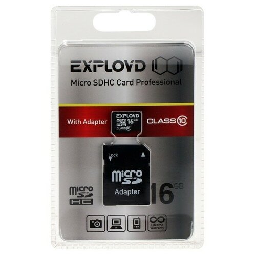 Карта памяти Exployd MicroSD, 16 Гб, SDHC, класс 10, с адаптером SD