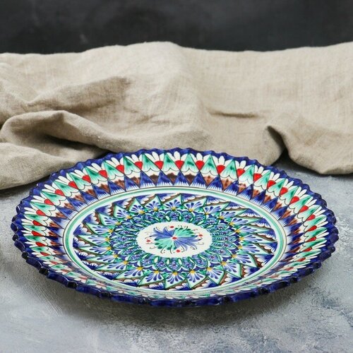Шафран Тарелка Риштанская Керамика "Цветы", синяя, рильефная, 27см