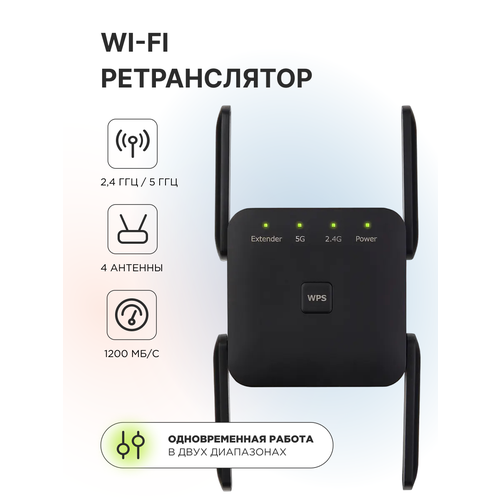 Усилитель wi-fi, два диапазона 2.4/5 ГГц,1200мб, четыре антенны, черный