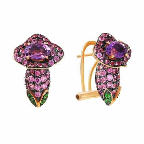 Серьги JV, красное золото, 585 проба, цаворит, аметист, сапфир