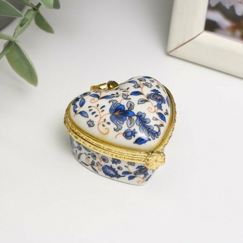 Шкатулка керамика сердце "Синие сказочные цветы" 4,2х4,7х3 см (комплект из 14 шт)
