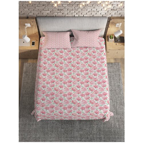 Покрывало на 2-спальную кровать Ambesonne "Розовый цветочный узор" 220х235 см, с 2 наволочками 50x70 см