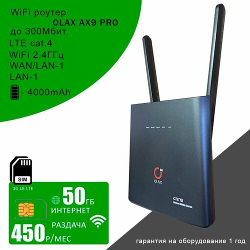 Wi-Fi роутер OLAX AX9 PRO black I АКБ 4000mAh + сим карта с интернетом и раздачей, 50ГБ за 450р/мес