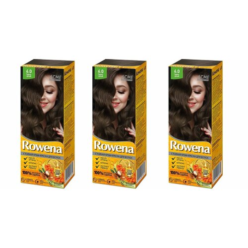 Стойкая крем-краска для волос Rowena, тон 6.0 тёмно-русый, 115 мл, 3 шт.