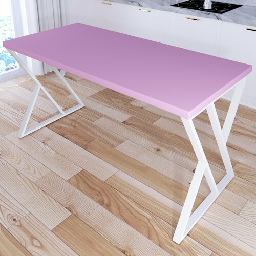 Стол кухонный Loft со столешницей розового цвета из массива сосны 40 мм и белыми металлическими Z-образными ножками, 130х70х75 см