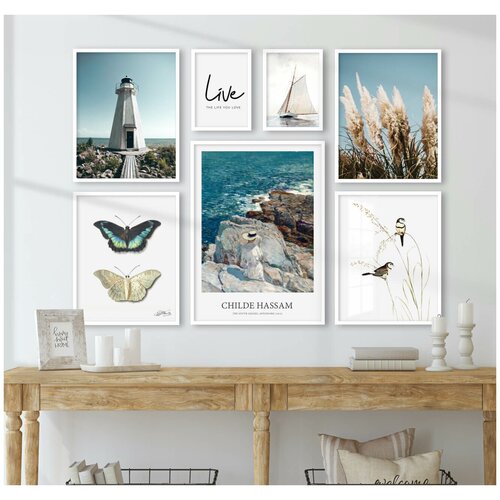 7 постеров без рамки "Морской пейзаж и маяк" в тубусе / Набор постеров картин для интерьера / Картина для интерьера