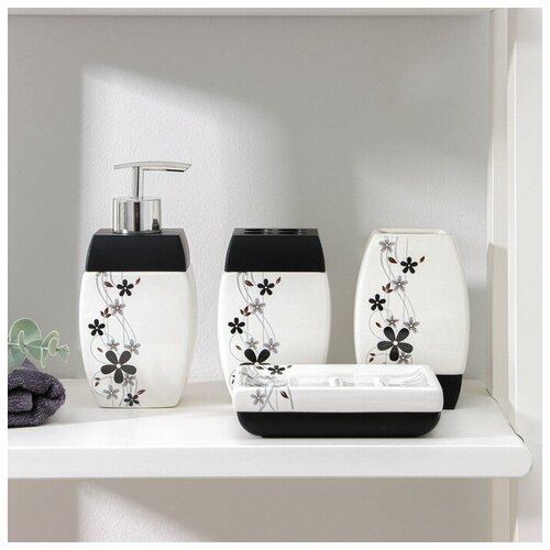 Набор аксессуаров для ванной комнаты «Грация», 4 предмета (дозатор 400 мл, мыльница, 2 стакана), цвет бело-чёрный