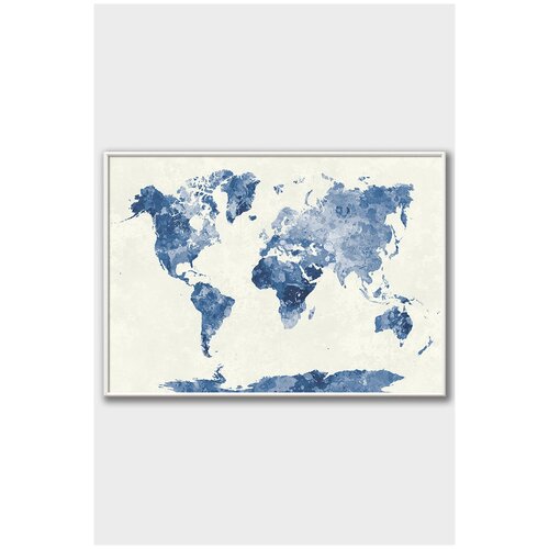 Постер на стену для интерьера Postermarkt Карта мира синяя, постер в белой рамке 40х50 см, постеры картины для интерьера в белой рамке