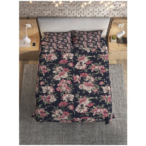 Покрывало на 1,5-спальную кровать Ambesonne "Большие розовые цветы" 160х220 см с 2 наволочками 50x70 см