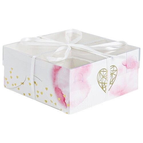 Упаковка для капкейков 4 ячейки с окошком розовая Love