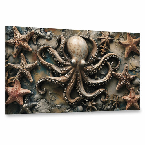 Интерьерная картина 100х60 "Осьминог в мире морских звезд"