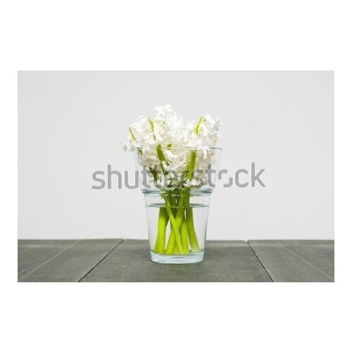 Постер на холсте Букетик белых гиацинтов в стакане на столе 45см. x 30см.