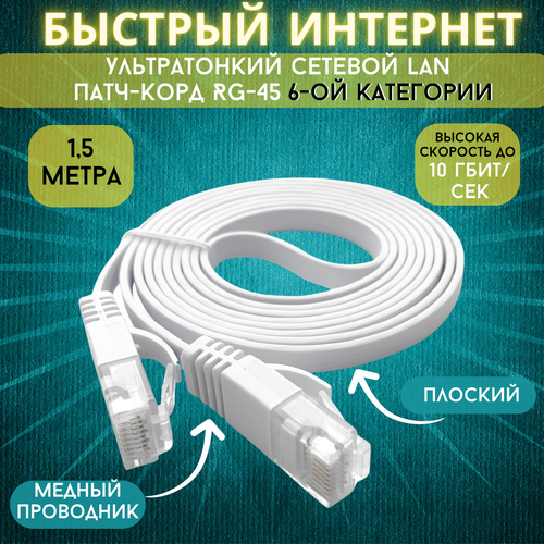 Сетевой плоский кабель LAN Cat6 патч-корд витая пара RG-45 для подключения к интернету, по локальной сети Ethernet, к роутеру, маршрутизатору, скорость до 10 Гбит/с, Flat Cable 1,5 м