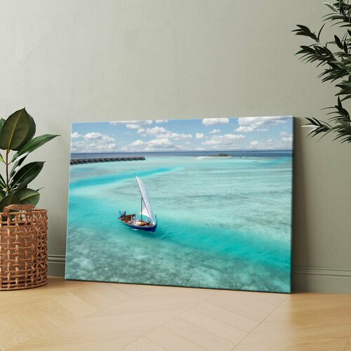 Картина на холсте (Мальдивы пейзаж с лодкой дхони на островах) 50x70 см. Интерьерная, на стену.
