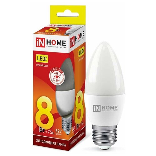 Лампа светодиодная LED-СВЕЧА-VC 8Вт 230В E27 3000К 720лм IN HOME 4690612020440 (10шт. в упак.)