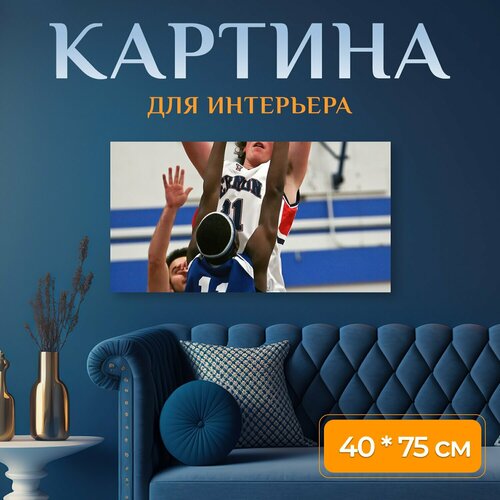Картина на холсте "Баскетбол, игрок, бросок в прыжке" на подрамнике 75х40 см. для интерьера