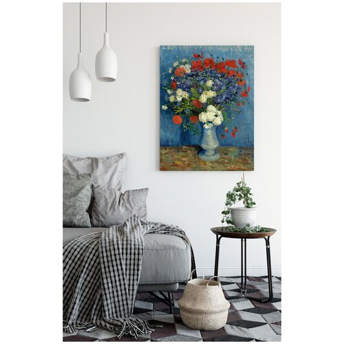 Репродукция Ван Гога "Ваза с васильками и маками" / 60х80 / Интерьерная картина на холсте / в кухню / в спальню / в гостиную / на стену