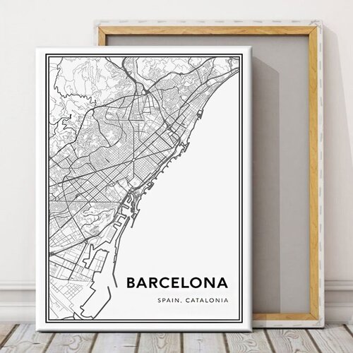 Картина на холсте 50х70 см "Барселона. Карта города", Большая картина для интерьера на стену, на подрамнике
