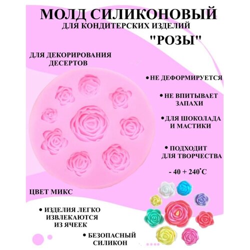 Молд силиконовый розы в кругу 9.5 см, молд 9 роз для творчества, молд для украшения из мастики розочки, силиконовый молд для декора