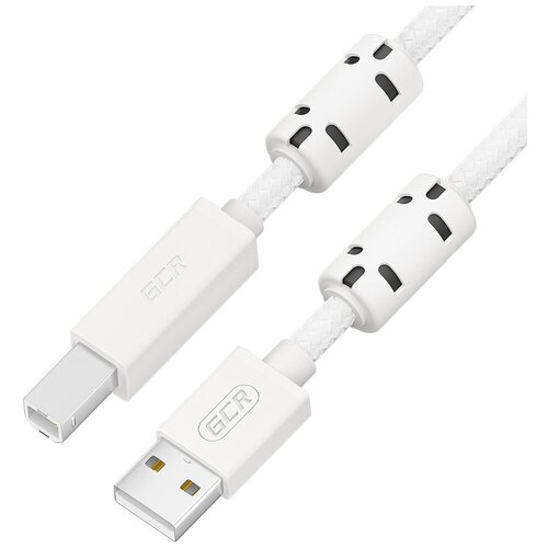GCR Кабель Premium 1.5m USB 2.0, AM/BM, белый нейлон, ферритовые кольца, 28/24 AWG, экран, армированный, морозостойкий