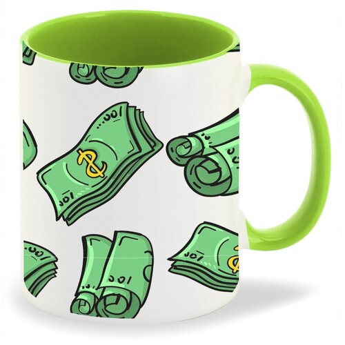 Кружка светло-зеленый CoolPodarok Кружка с деньгами(много банкнот на белом фоне)