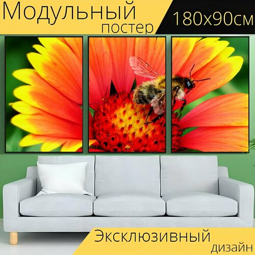 Модульный постер "Пчела, опыление, цветок" 180 x 90 см. для интерьера