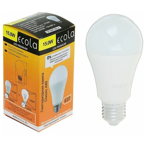 Лампа светодиодная Ecola, А60, 15 Вт, Е27, 2700 К, 120 х 60 мм, матовый шар