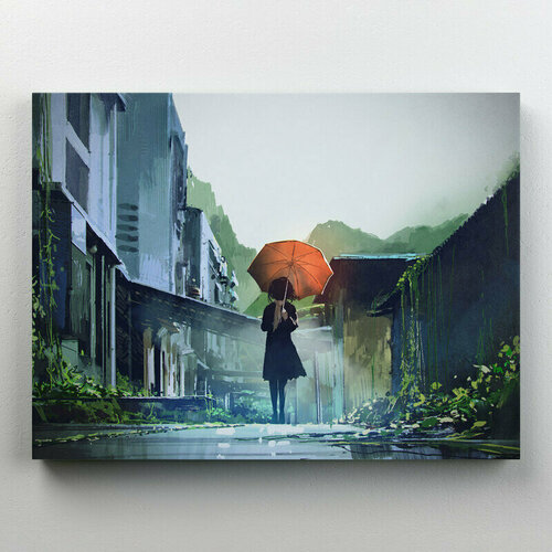 Интерьерная картина на холсте "Аниме иллюстрация человек с красным зонтиком" размер 30x22 см