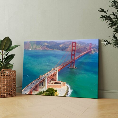 Картина на холсте (Мост через океан с лодкой в воде) 60x80 см. Интерьерная, на стену.