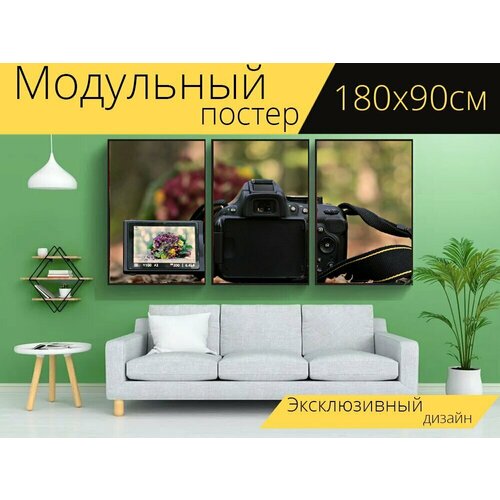 Модульный постер "Зеркальная фотокамера, букет цветов, лес" 180 x 90 см. для интерьера