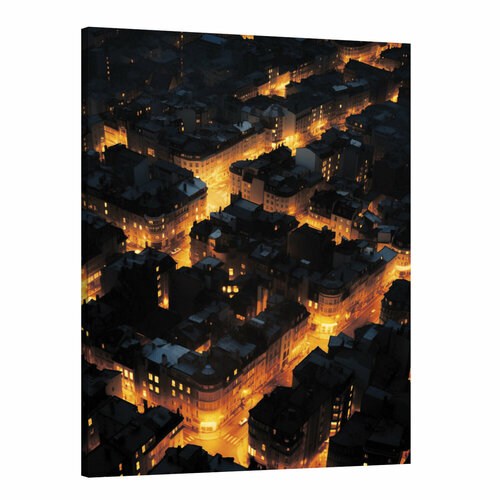 Интерьерная картина 50х70 "Пейзаж с городскими улицами и фонарями"
