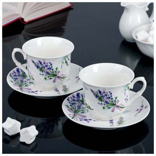 Набор чайный фарфоровый Доляна "Лаванда", 4 предмета: 2 чашки 220 мл, 2 блюдца d=14,2 см, цвет белый