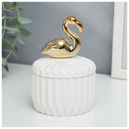 Шкатулка керамика "Золотой фламинго" белый рельеф 12х8,2х8,2 см