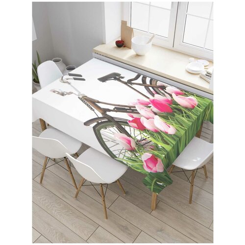Скатерть прямоугольная JoyArty на кухонный стол "Велосипед в цветах" из оксфорда, 120x145 см