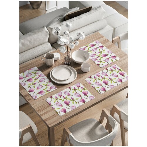 Комплект тканевых салфеток, плейсматов JoyArty с закругленными краями с рисунком "Ранние цветы" для сервировки стола 46x30 см, 4шт.