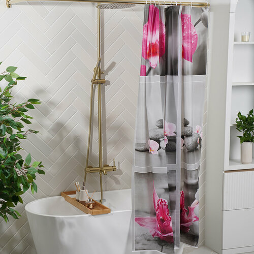 Штора для ванной Доляна Камни и орхидея 180x180180х180 см, розовый