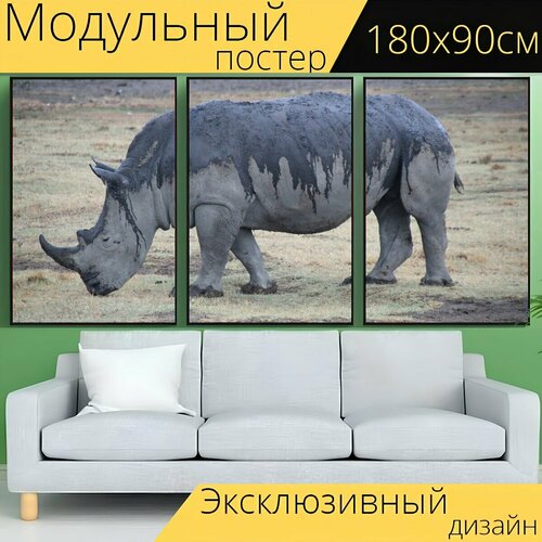 Модульный постер "Носорог, кения, животное" 180 x 90 см. для интерьера