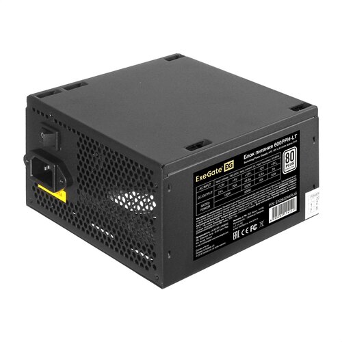 Блок питания 600W ExeGate 80 PLUS® 600PPH-LT-S (ATX, APFC, КПД 82% (80 PLUS)SC, 12cm fan, 24pin, 2x(4+4)pin, 2xPCI-E, 6xSATA, 3xIDE, кабель 220V с защитой от выдергивания, black, Color Box) EX282044RUS-S