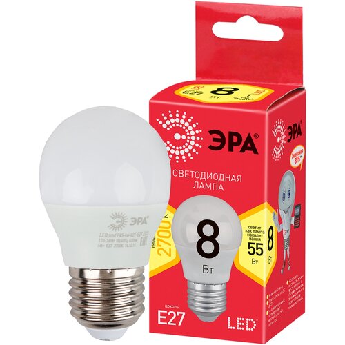 Лампочка светодиодная ЭРА RED LINE LED P45-8W-827-E27 R Е27 / E27 8 Вт шар теплый белый свет арт. Б0053028 (1 шт.)