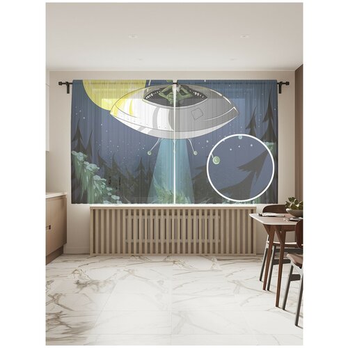 Тюль для кухни и спальни JoyArty "Новогодний пришелец", 2 полотна со шторной лентой, 145x180 см.