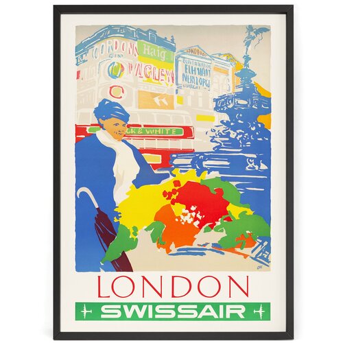 Большой туристический постер на стену Лондон, Англия Swiss Air 1950 год 90 x 60 см в тубусе