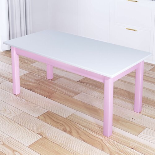 Стол журнальный Классика с белой столешницей из массива сосны 20 мм и ножками розового цвета, 120х60х44 см